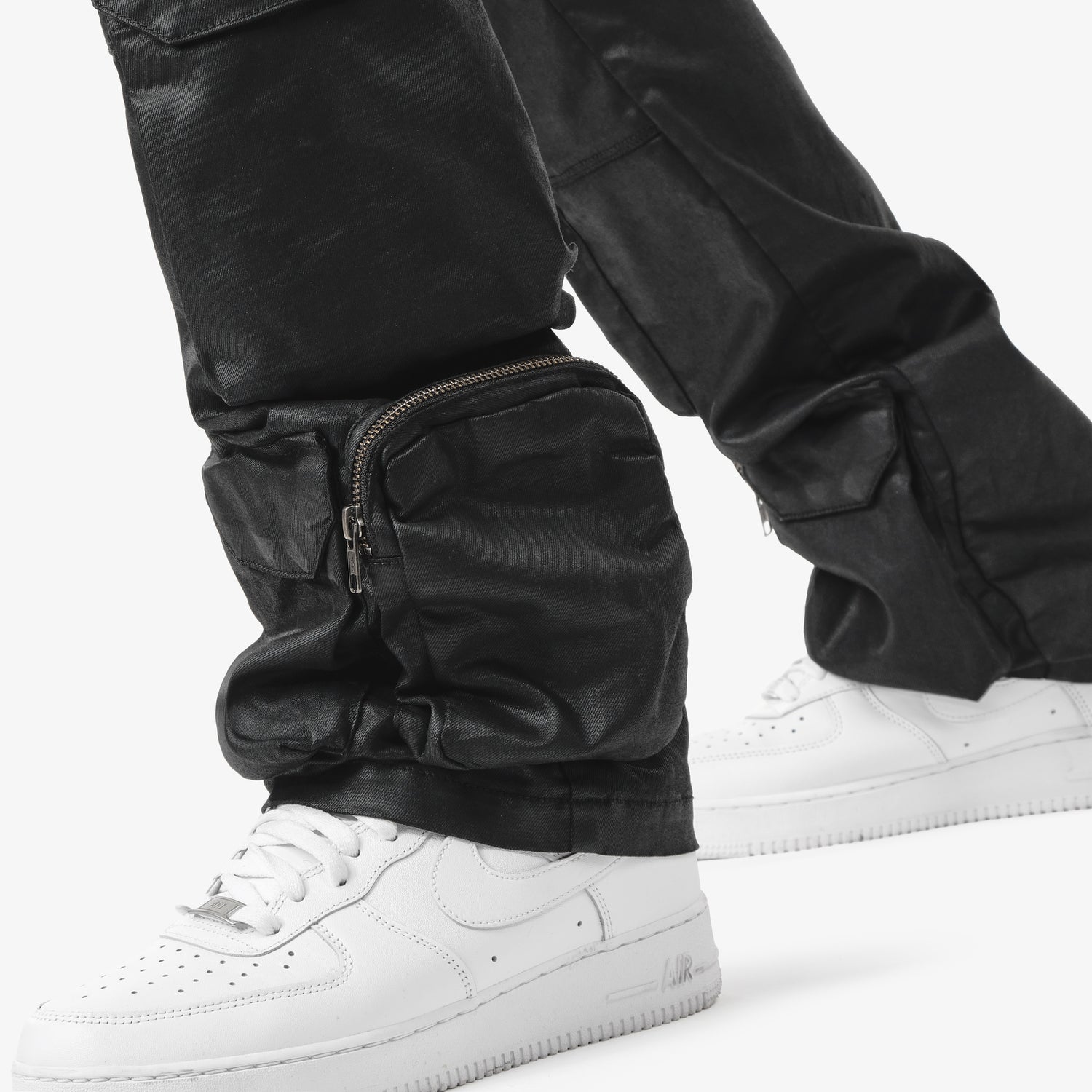 JET BLACK WAXED STACKED CARGO JEANS