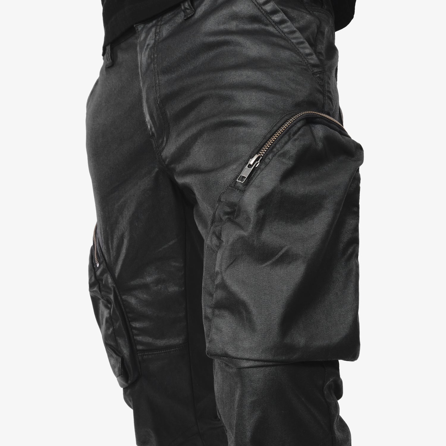 JET BLACK WAXED STACKED CARGO JEANS