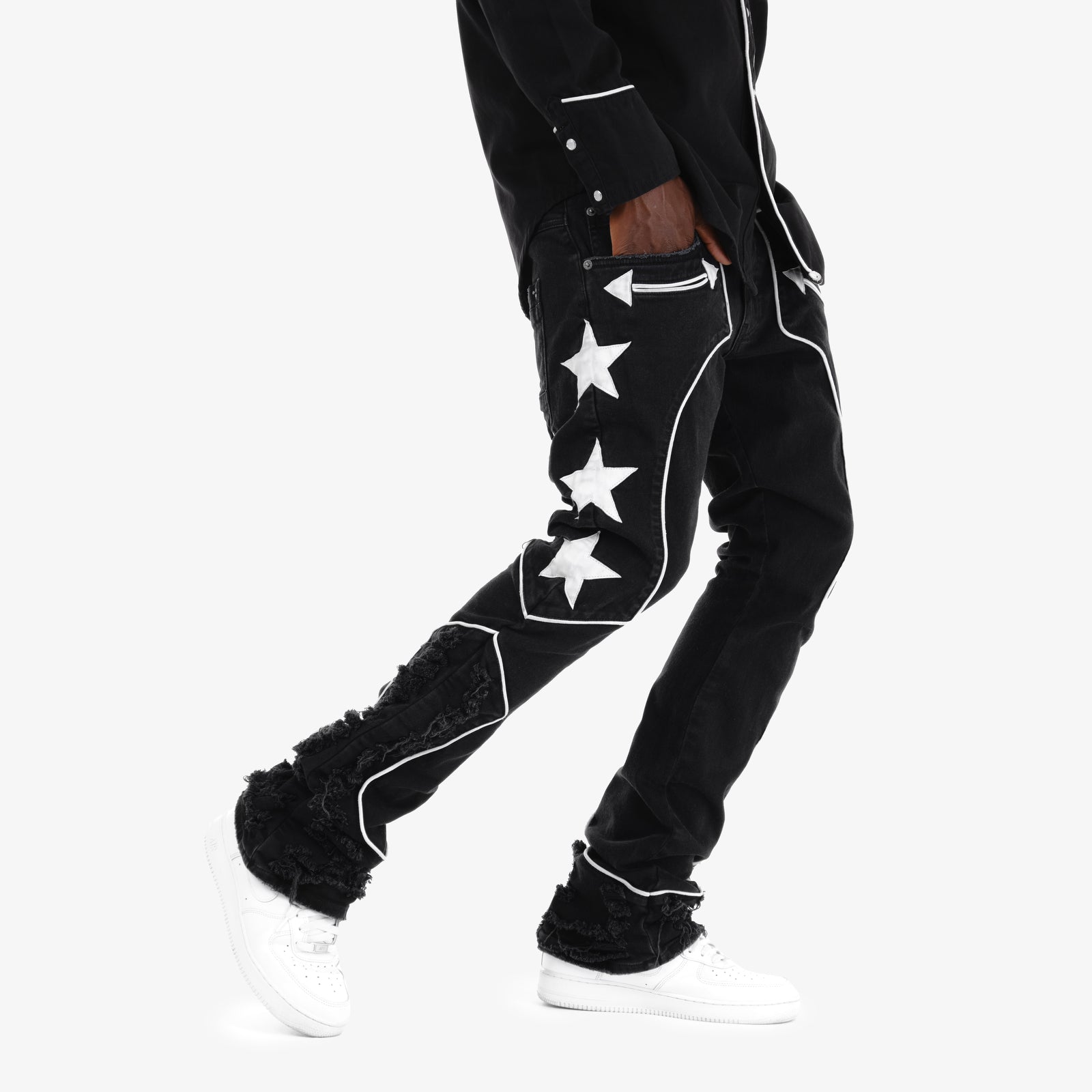 JET BLACK WESTERN STACKED JEANS