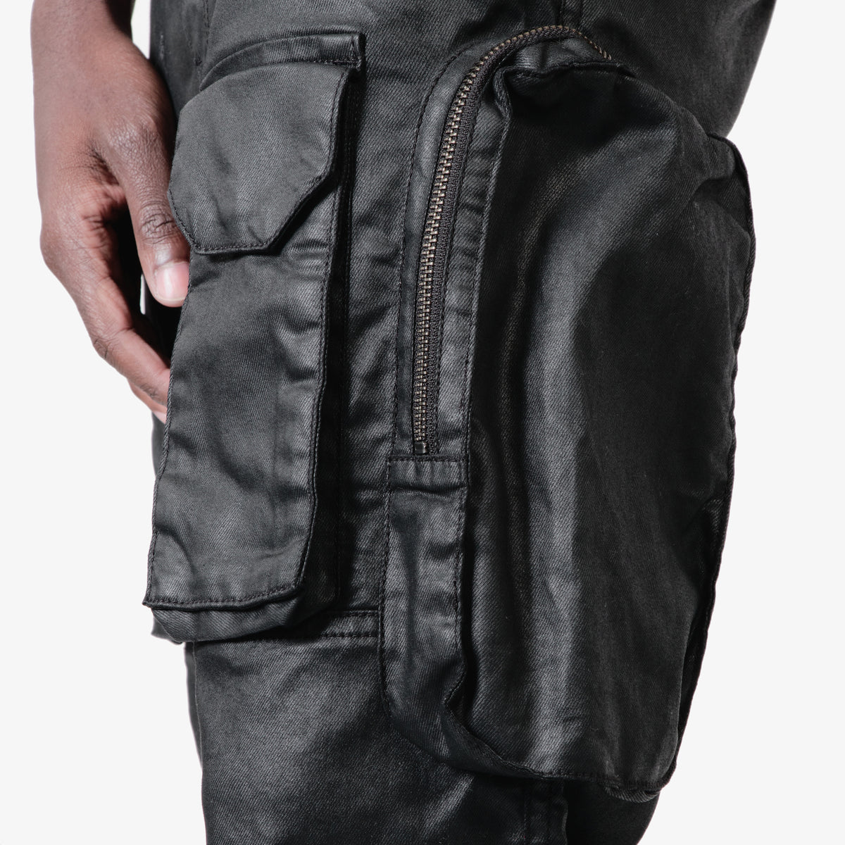 BLACK UTILITY CARGO WAX COATED JEANS