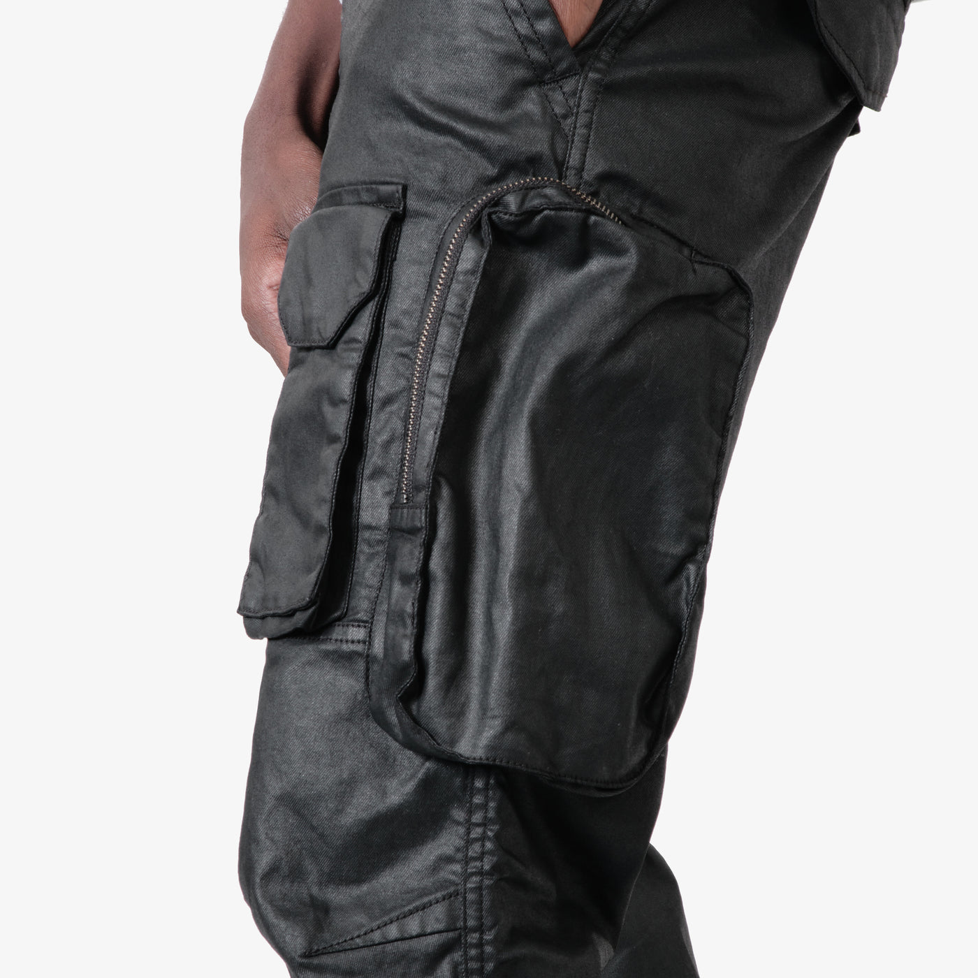 BLACK UTILITY CARGO WAX COATED JEANS