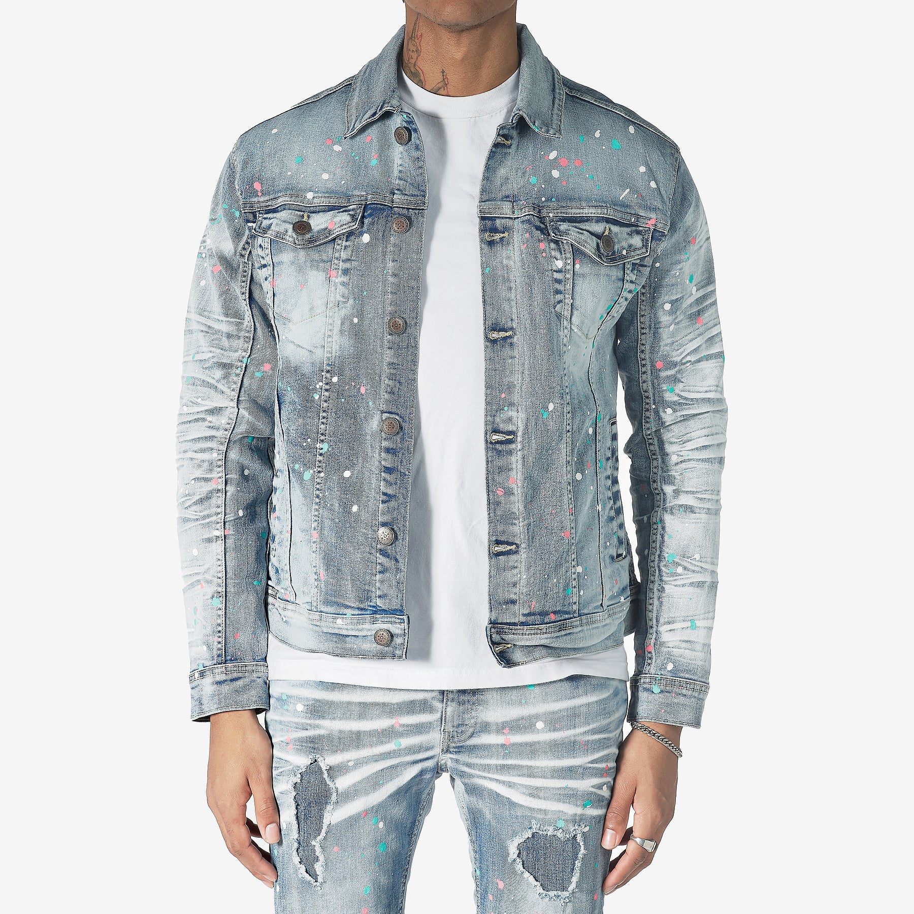 LIGHT SAND BLUE DENIM JACKET W/ SPOT DETAIL