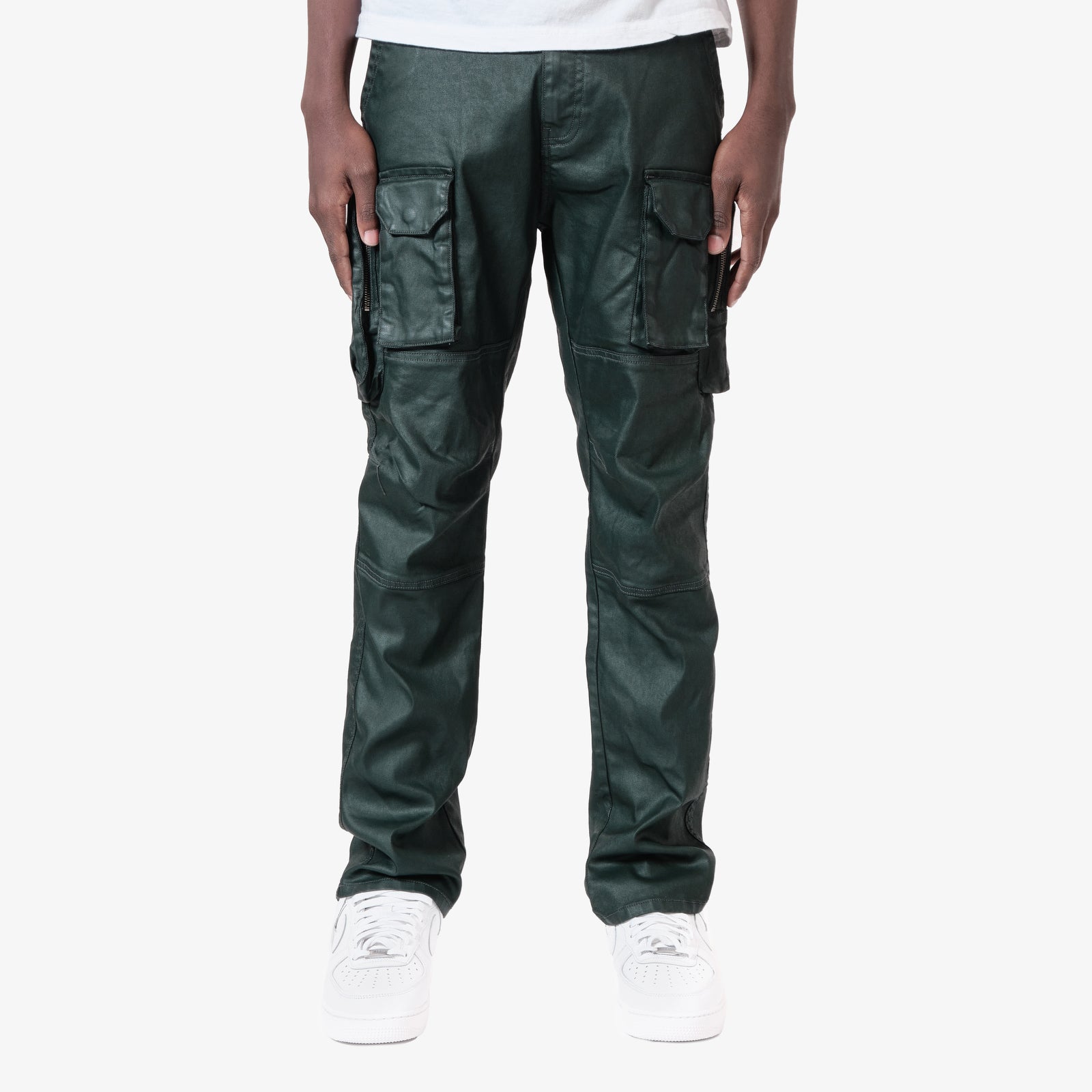 OLIVE UTILITY CARGO WAX COATED JEANS