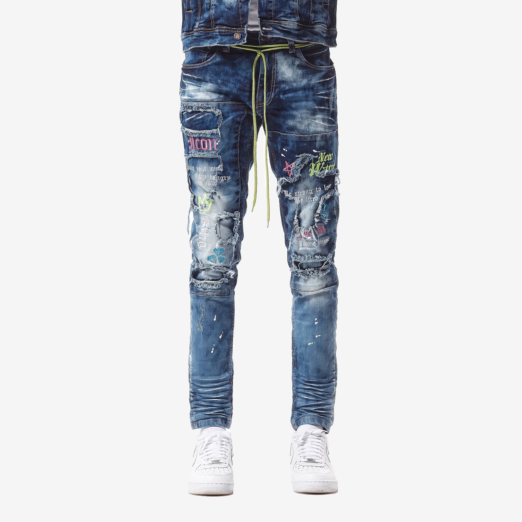DARK BLUE JEANS W/ COLOR EMBROIDERY & WAIST STRING